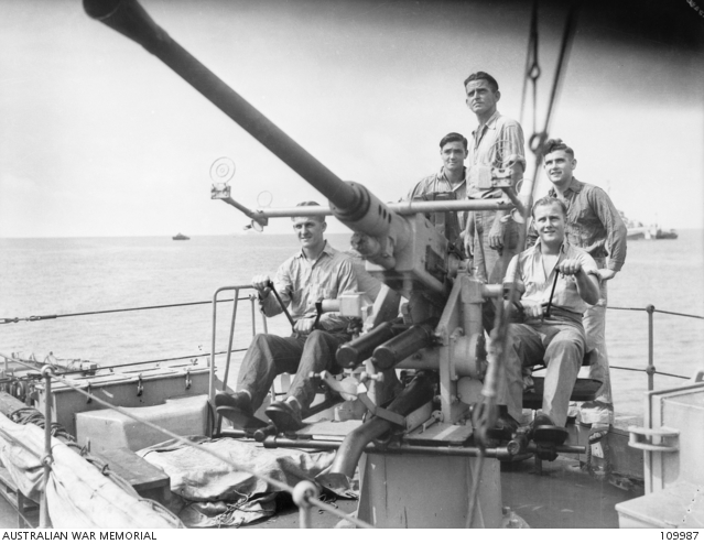 TARAKAN ISLAND. 1945-06-22. HMAS COWRA AND CREW, PREVIOUSLY ENGAGED IN ...
