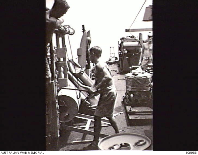 TARAKAN ISLAND. 1945-06-22. HMAS COWRA AND CREW, PREVIOUSLY ENGAGED IN ...
