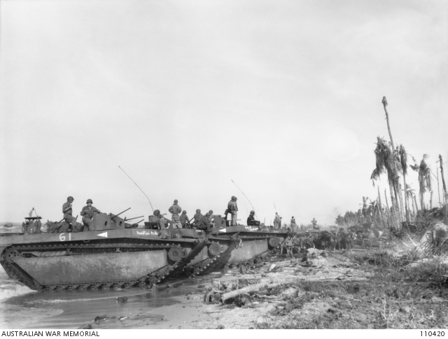 BALIKPAPAN, BORNEO, 1945-07-01. ALLIGATORS, AMERICAN AMPHIBIOUS TRACKED ...