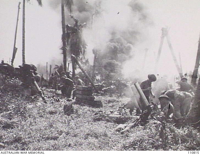 BALIKPAPAN, BORNEO. 1 JULY 1945. MORTAR CREWS OF 2/2 TANK ATTACK ...