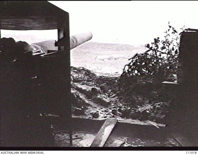 BALIKPAPAN AREA, BORNEO. 7 JULY 1945. A JAPANESE 155MM NAVAL GUN USED ...