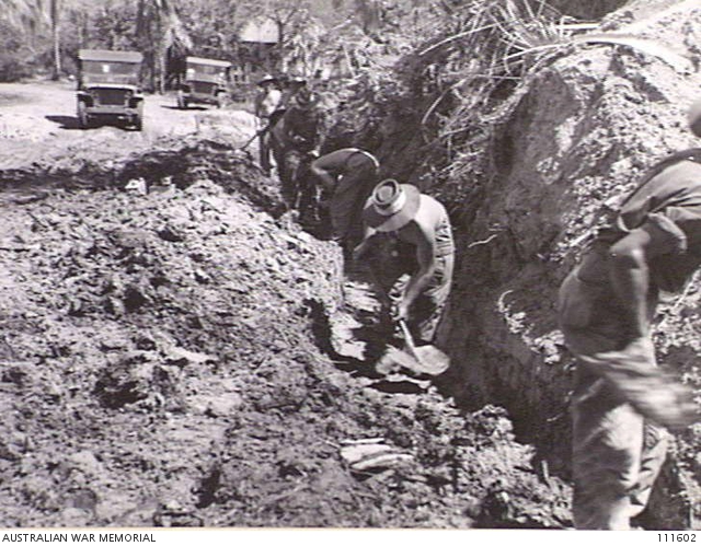 BALIKPAPAN, BORNEO, 13 JULY 1945. ENGINEERS OF 7 DIVISION DIGGING A ...