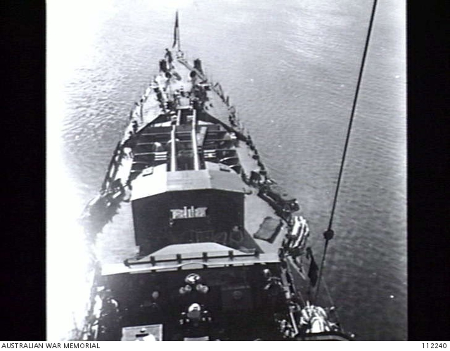AT SEA. 21 JULY 1945. VIEW OF THE BOW OF THE RAN DESTROYER, HMAS ARUNTA ...