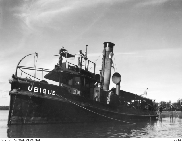 BALIKPAPAN, BORNEO, 31 JULY 1945. THE UBIQUE, A FORMER JAPANESE VESSEL ...