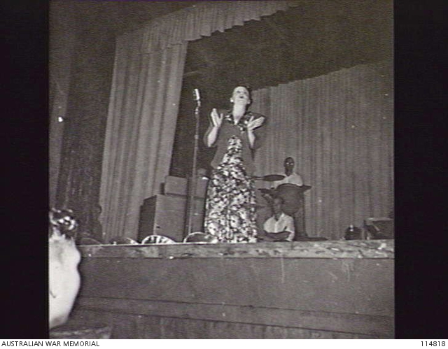 MOROTAI. 1945-08-29. MISS PEGGY SHEA, VOCALIST, OF THE GRACIE FIELDS ...