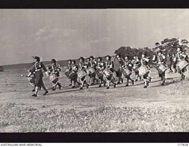DARLEY, VIC. 1945-10-18. THE LAND HEADQUARTERS AWAS BAND LEADING THE ...