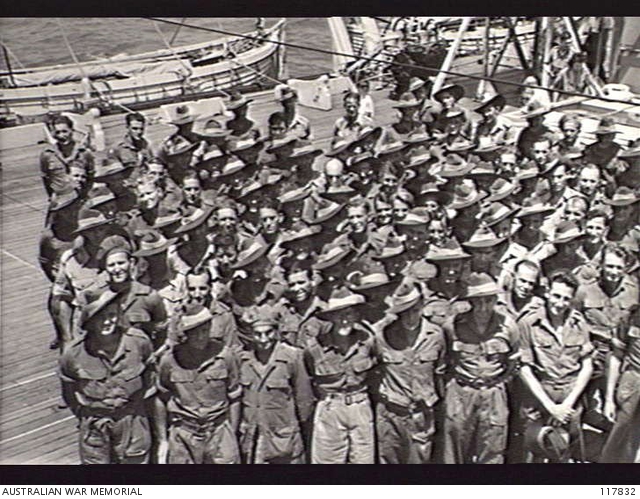 AT SEA. 1945-10-10. OFFICERS AND MEN OF 2/2ND PIONEER BATTALION, EX ...