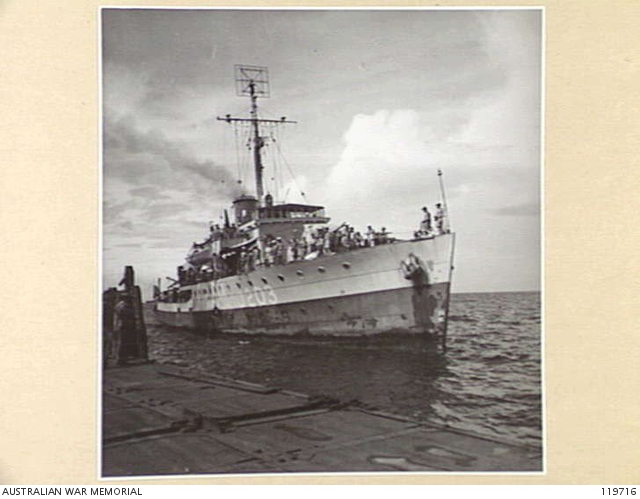 MOROTAI, 1945-10-22. HMAS ROCKHAMPTON, CARRYING THE HALMAHERA FORCE ...