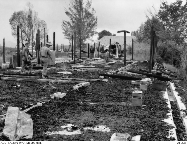 JESSELTON, NORTH BORNEO 1945-10-07. THE BURNT OUT CIVILIAN HOSPITAL AT ...