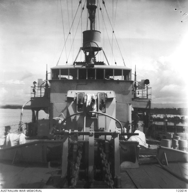 MOROTAI, 1945-11-05. THE BRIDGE OF HMAS JUNEE FROM THE FOREDECK ...