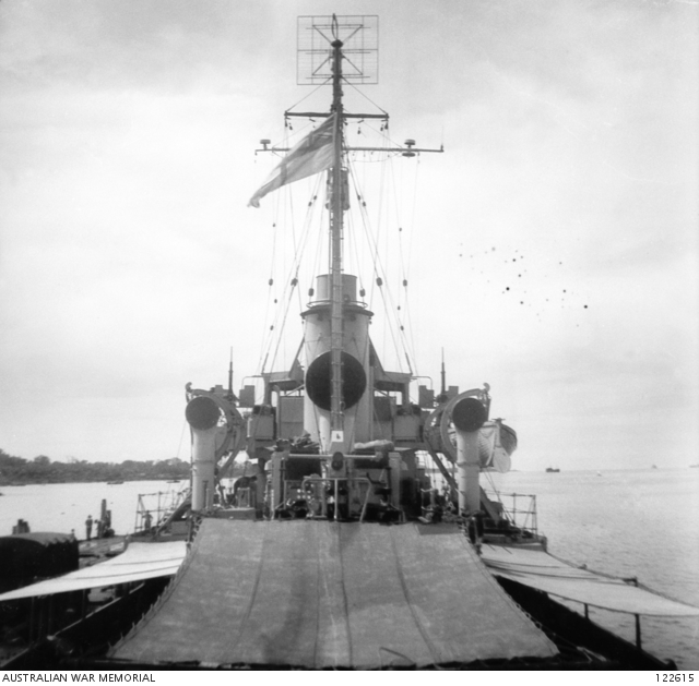 MOROTAI, 1945-11-05. THE SUPERSTRUCTURE OF HMAS JUNEE FROM THE STERN ...