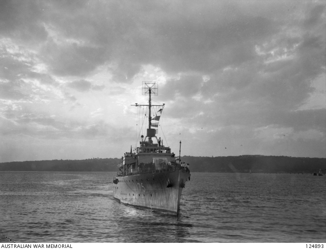 SYDNEY, NSW. 1946-01-20. CORVETTE HMAS CESSNOCK ARRIVING AT WALSH BAY ...
