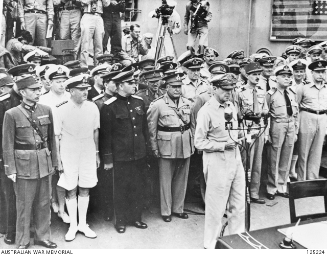 General Douglas Macarthur at the microphone during the signing of the ...