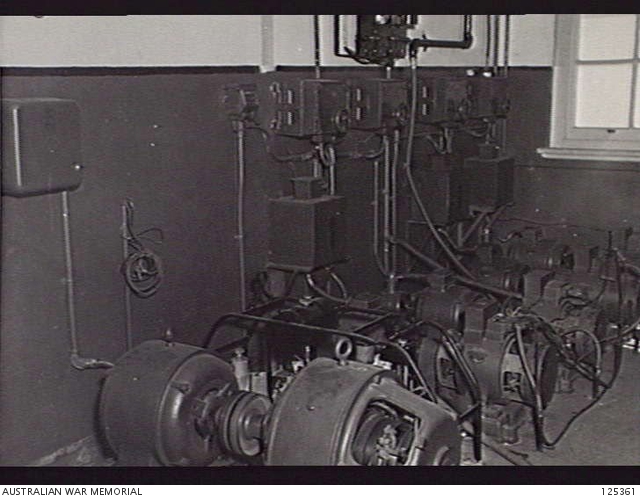RUSHCUTTERS BAY, NSW. 1946-02-07. THE GENERATOR ROOM AT HMAS RUSHCUTTER ...