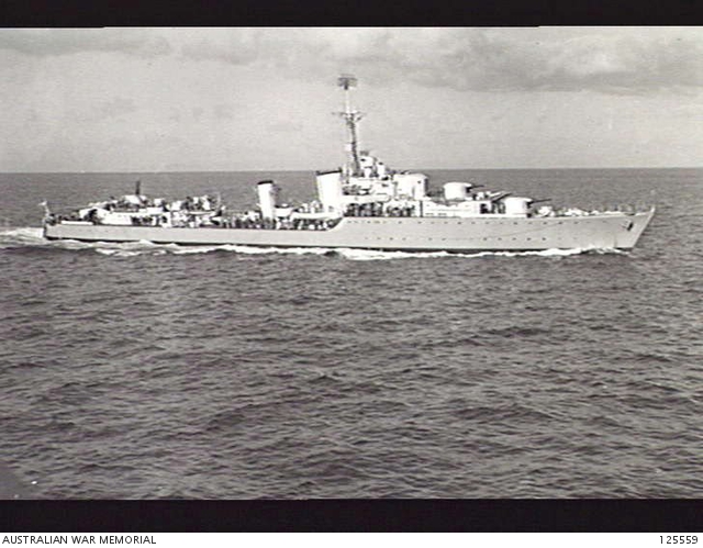 AT SEA. 1946-02-08. HMAS ARUNTA, A TRIBAL CLASS DESTROYER, SEEN FROM ...