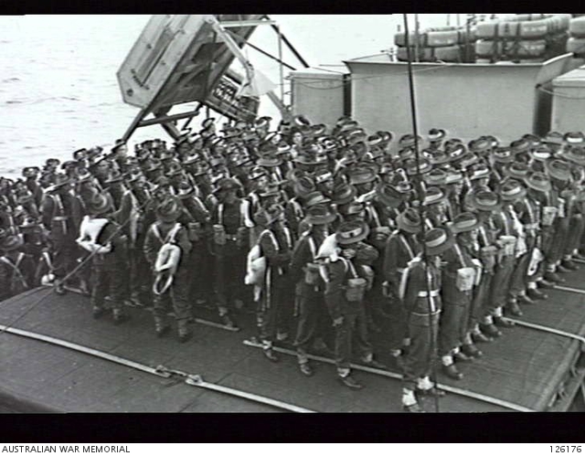 AT SEA. 1946-02-20. TROOPS FROM THE 34TH AUSTRALIAN INFANTRY BRIGADE ON ...