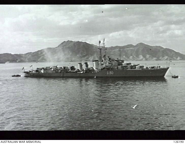 KURE, JAPAN. 1946-02-21. RAN DESTROYER ARUNTA AT ANCHOR IN KURE HARBOUR ...