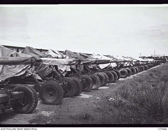 BANYO, QLD. 1946-04-11. LINE OF COVERED 40MM BOFORS GUNS AT THE GUN ...
