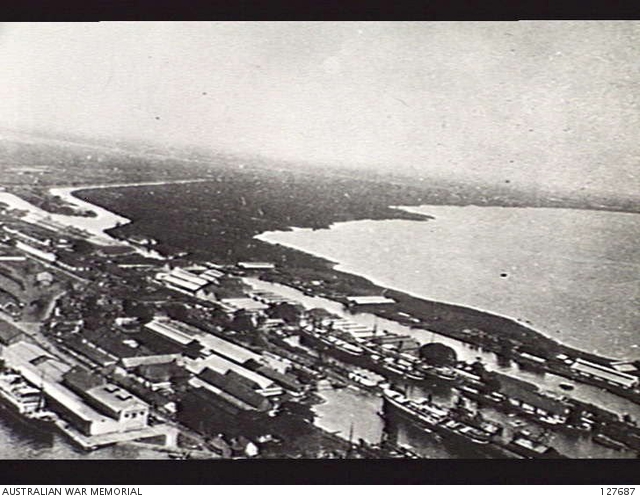 JAVA. ? 1942. AN AERIAL VIEW OF THE HARBOUR AT TANDJOENG PRIOK, PORT OF ...