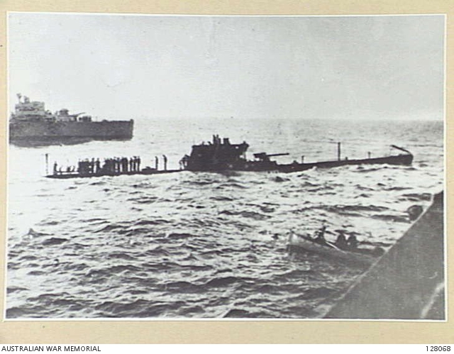 THE ITALIAN SUBMARINE UEBI SCEBELI FORCED TO SURFACE BY DEPTH CHARGES ...