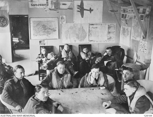 Pilots of 452 Squadron RAAF in the dispersal hut at RAF Station Redhill ...