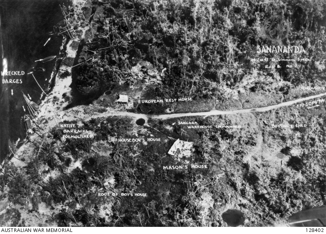 SANANANDA, BUNA AREA. 1944-01. AERIAL VIEW OF THE DAMAGED SETTLEMENT ...