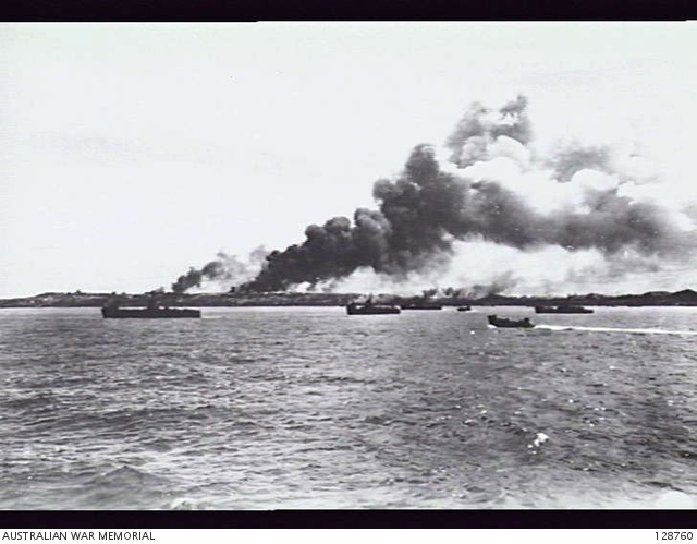 BALIKPAPAN, BORNEO. 1945-07-01. LANDING SHIPS, MEDIUM, WITH TROOPS OF ...