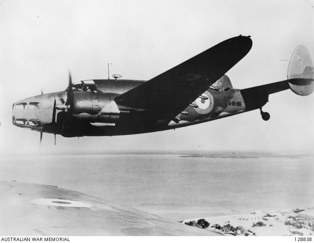 A RAAF Mark 1 Lockheed Hudson aircraft, A16-66, in flight. Note the ...