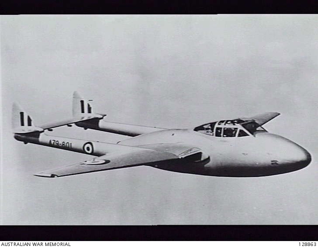 IN FLIGHT, A D.H. VAMPIRE T-MK33 (AUSTRALIA), A79-801, OF THE RAAF ...