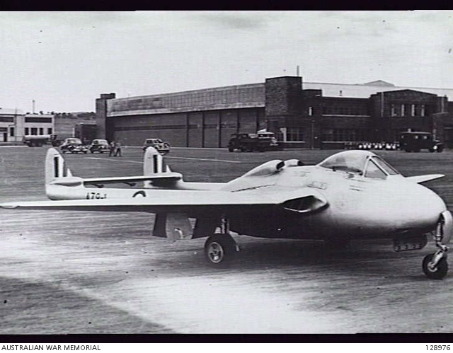 RAAF AIRCRAFT DH100 VAMPIRE, A79-1, AT AN AIRSTRIP. (DONOR: WING ...