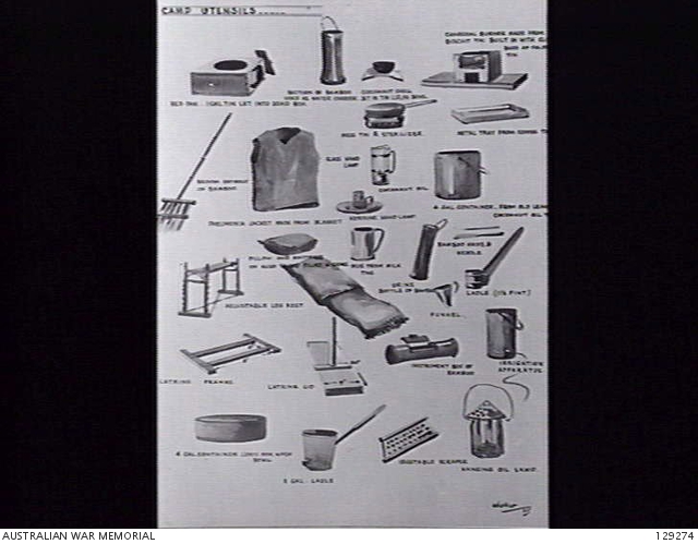 NAKOM PATON, THAILAND. C. 1945. TYPES OF IMPROVISED CAMP UTENSILS MADE ...