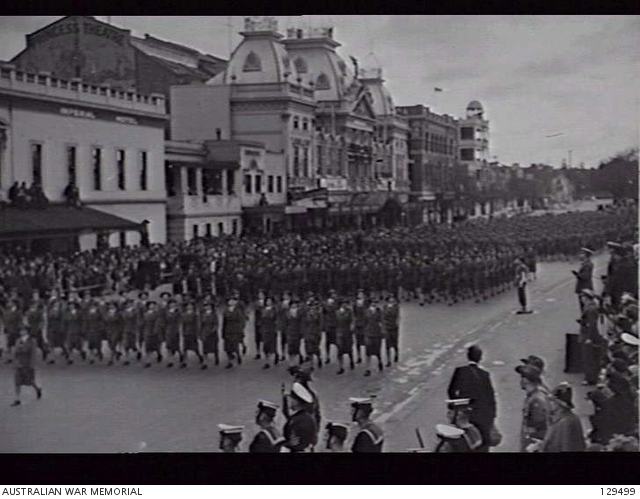 MELBOURNE, VIC. 1946-06-10. VICTORY DAY CELEBRATIONS. MEMBERS OF ...
