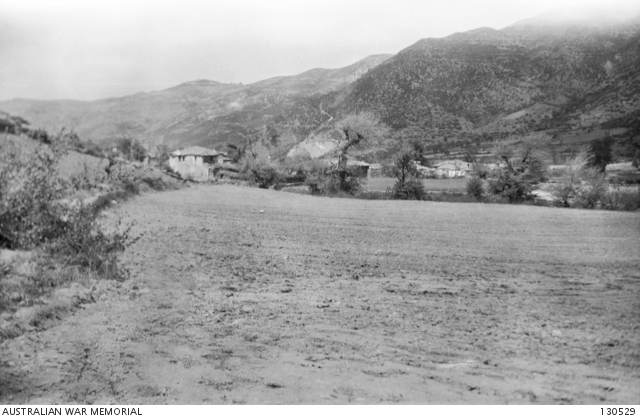 TEMPE, GREECE. 1945-04-20. HOUSES AND FIELD NEAR TEMPE, IN PINIOS GORGE ...