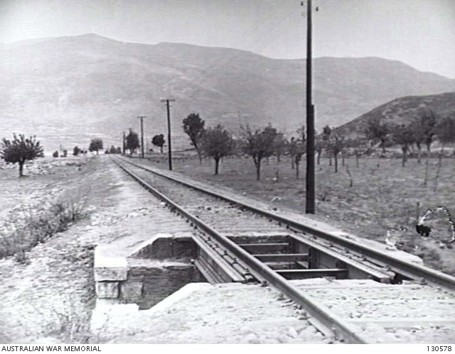 PINIOS GORGE, GREECE. 1945-04-22. RAILWAY LINE TO TEMPE, SEEN FROM 2 ...
