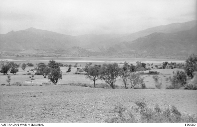 PINIOS RIVER, GREECE. 1945-04-22. VIEW ACROSS RIVER FLATS AND PINIOS ...