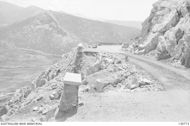 DELPHI, GREECE. 1945-05-05. A ROAD THROUGH THE MOUNTAINS SHOWING DAMAGE ...