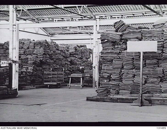 BROADMEADOWS, VIC. 1946-09-24. PALLETS STACKED HIGH WITH BLANKETS AT ...