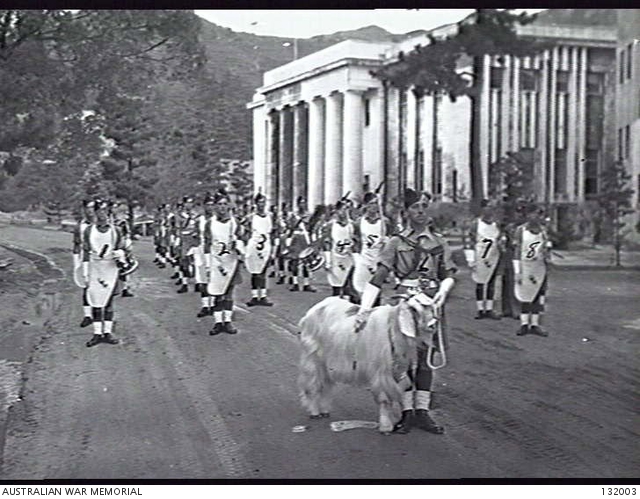 ETA JIMA, JAPAN. 1946-09-14. THE GOAT MAJOR WITH THE MASCOT GOAT AT THE ...