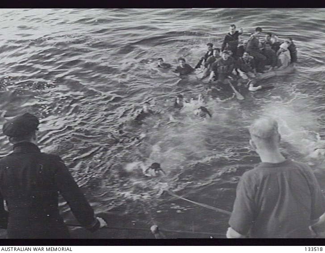 SEAMEN FROM THE SUNKEN ITALIAN DESTROYER ARTIGLIERE ON A CARLEY TYPE ...