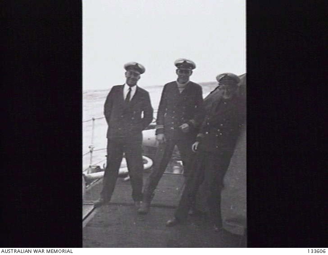 1940. NAVAL OFFICERS STANDING ON THE DECK OF THE DESTROYER HMAS VAMPIRE ...