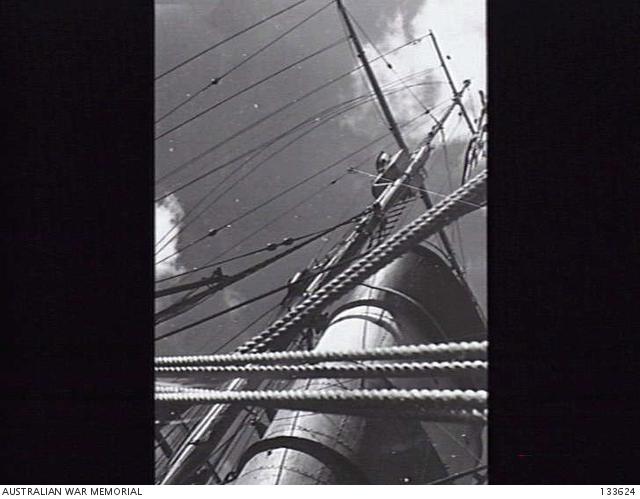 1940. HMAS VAMPIRE SHOWING A MAST AND FUNNEL ON BOARD THE SHIP ...