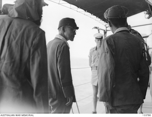 SORONG, DUTCH NEW GUINEA. 1945. LIEUTENANT GENERAL IKEDA DISEMBARKING ...