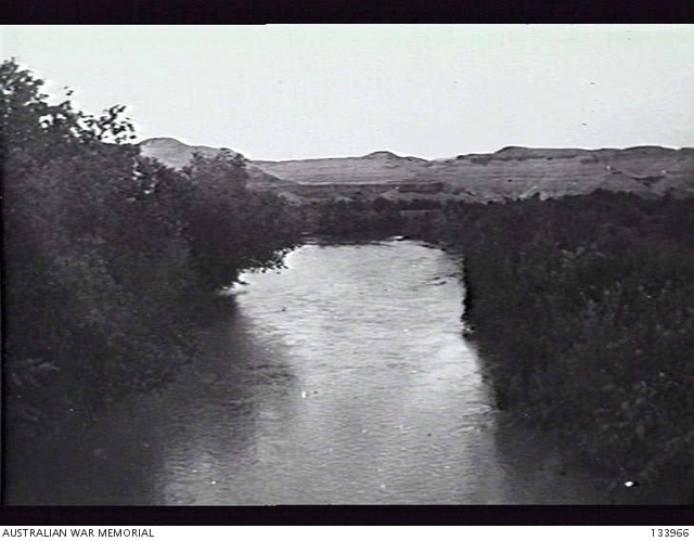 PALESTINE. 1941-11. THE JORDAN RIVER FLOWING INTO THE DEAD SEA, SEEN ...