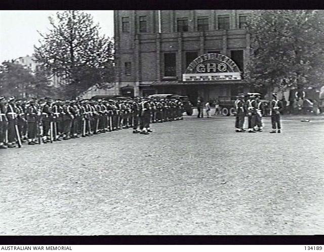 TOKYO, JAPAN. 1946-05-09. AUSTRALIAN BCOF TROOPS DRAWNUP IN FRONT OF ...