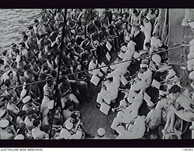 MILNE BAY, NEW GUINEA. 1943-12. ON BOARD HMAS AUSTRALIA, THE SHIP'S ...