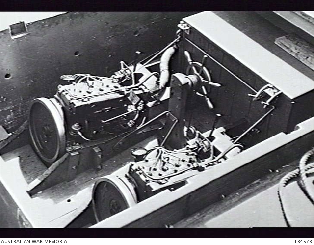 EARLY TYPE WHEEL AND POST STEERING OF BOMB SCOW, RAAF TYPE 010-. FITTED ...