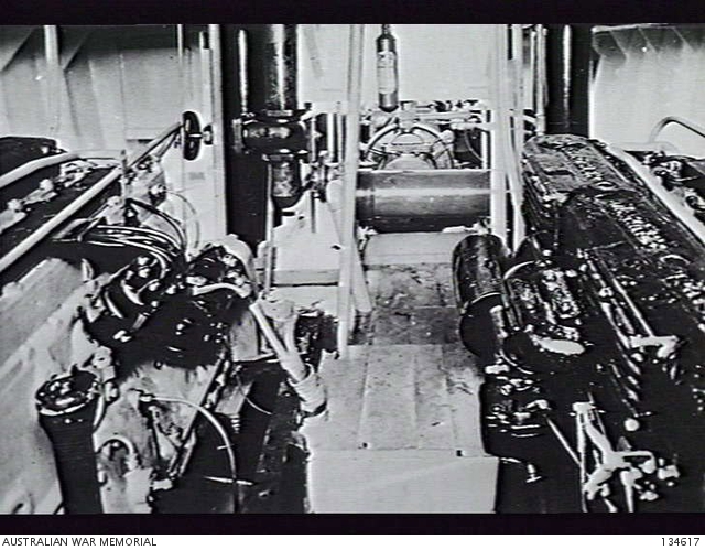 THE ENGINE ROOM OF TYPE 020 FIRE FLOAT VESSEL. IN CENTRE BACKGROUND IS ...