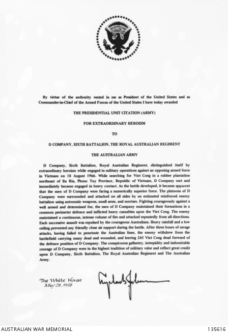 CANBERRA, ACT. THE UNITED STATES PRESIDENTIAL UNIT CITATION (ARMY) FOR ...