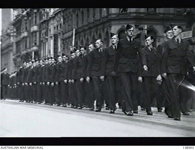 Melbourne, Vic. 1943-04-16. Members of the RAAF gives "Eyes Right" as ...