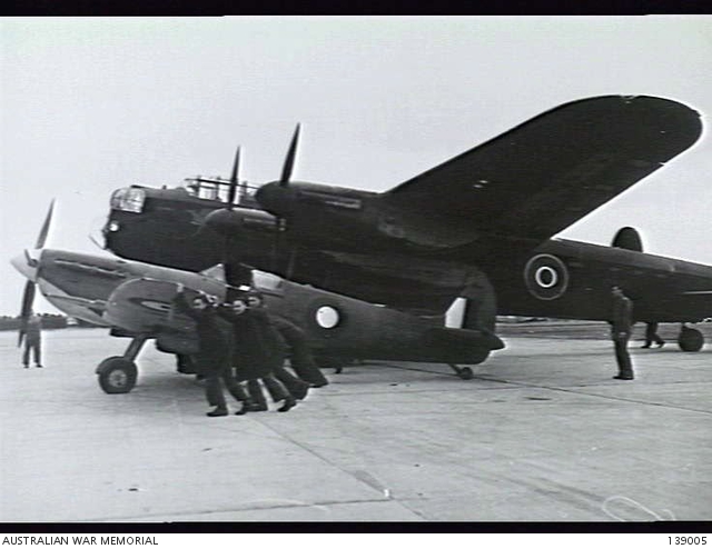 Melbourne, Vic. 1943-06-05. The Avro Lancaster bomber "Q" for Queenie and a supermarine Spitfire ...